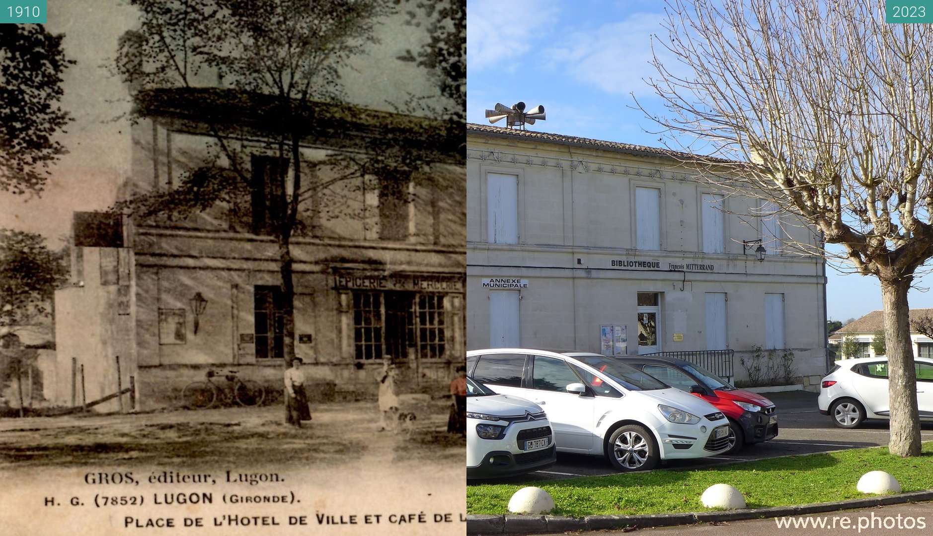Before and After: Place de la mairie à Lugon (1910 & 2023-Feb-02)