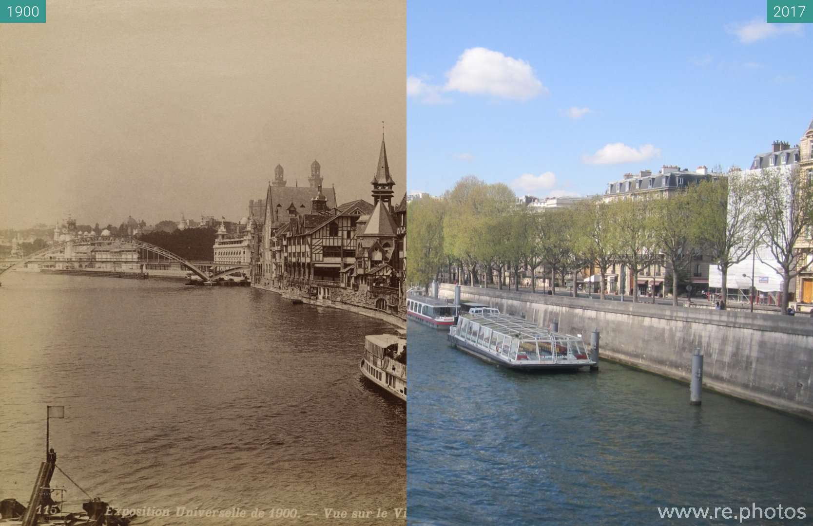 Before and After: View on Seine from Pont de l'Alma (1900 & 2017-Apr-02)