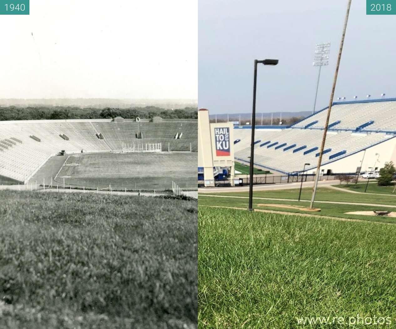 Before and After: Overlook of Memorial Stadium (1940 & 2018-Apr-19)