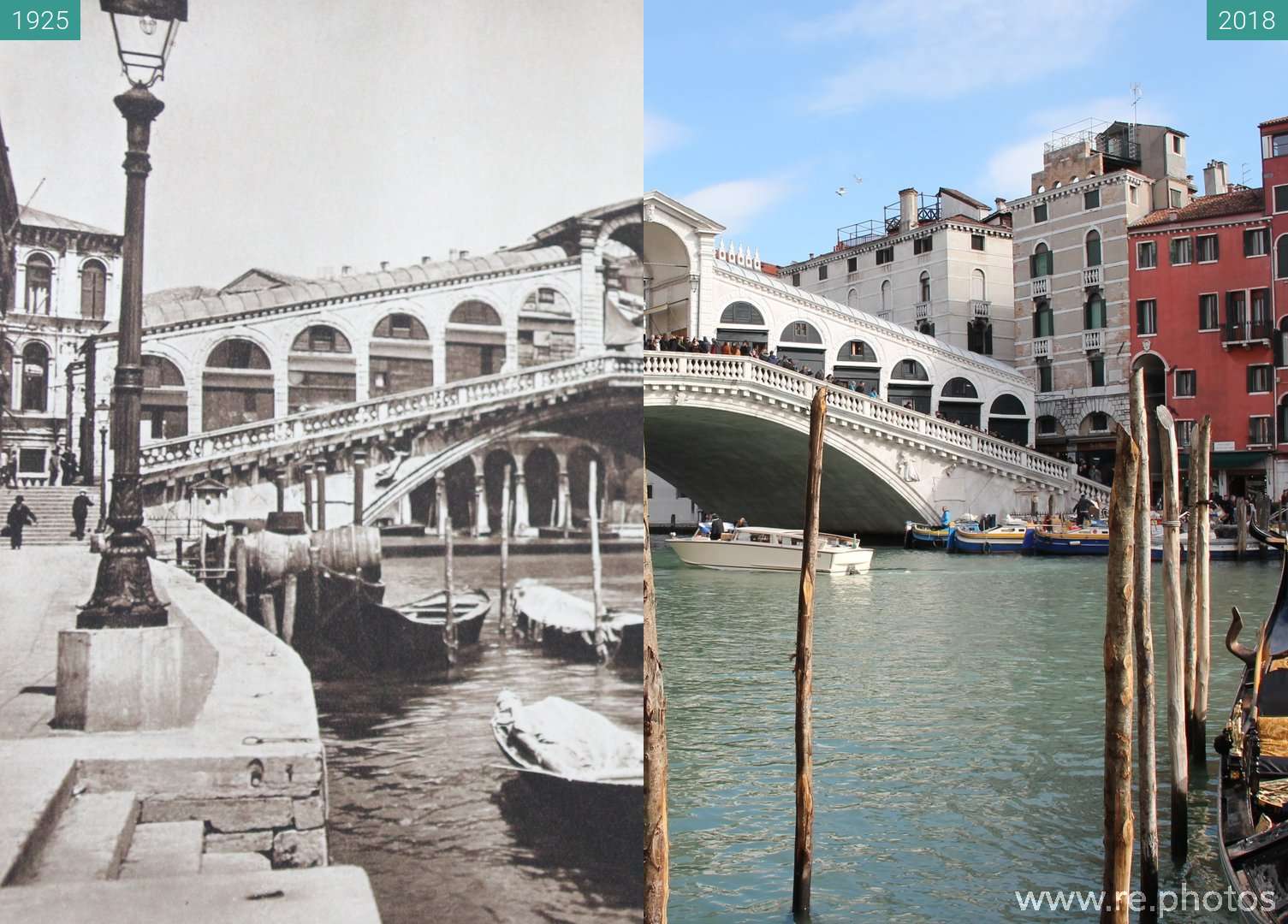 Before and After: Rialto bridge, Venice (1925 & 2018-Feb-13)