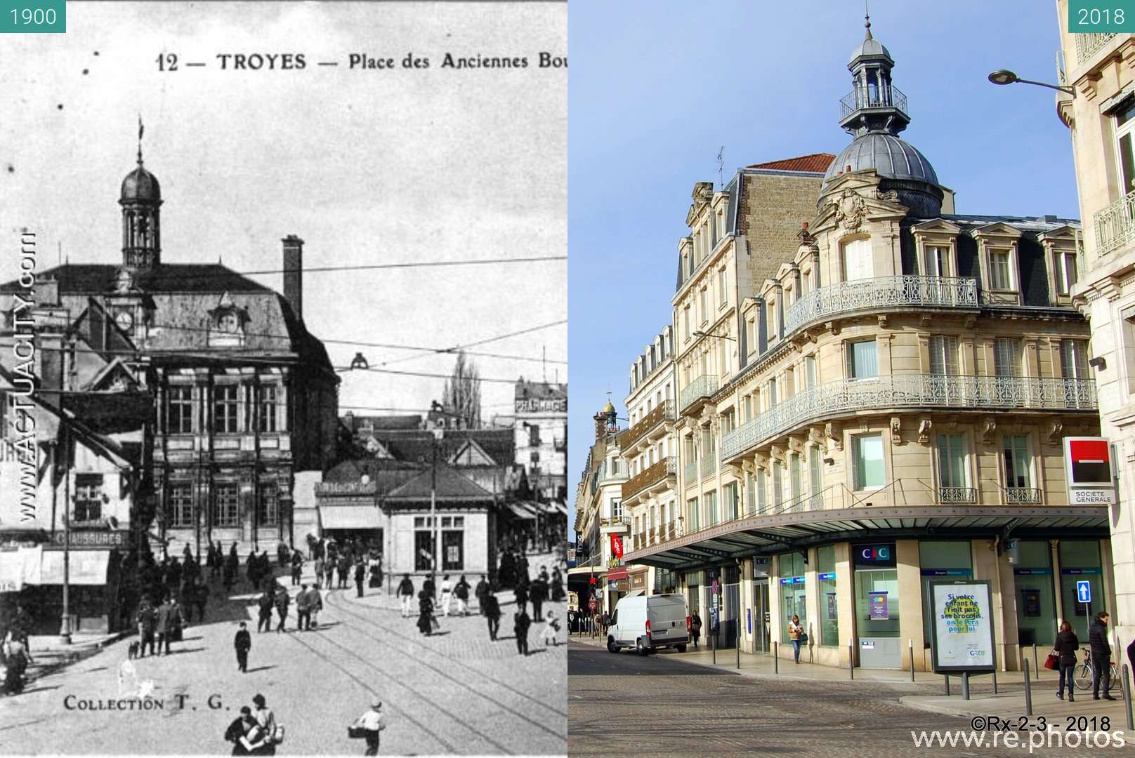 Damals und Heute: TROYES - Place de l'hotel de ville (1900 & 16.02.2018)