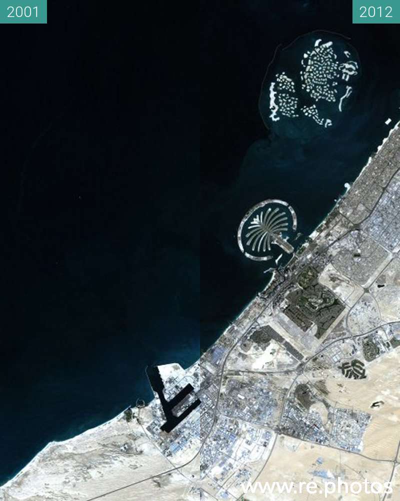 Damals und Heute: Künstliche Inseln vor Dubai (2001 & 2012)