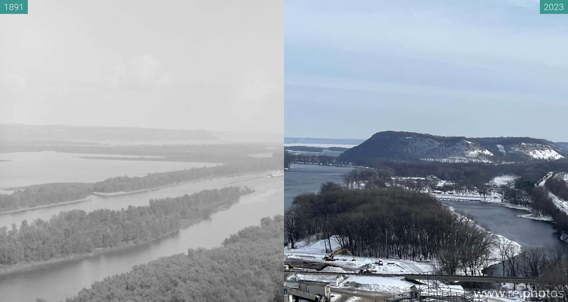 Before and After: Barn Bluff Facing the Mississippi- Red Wing (1891 & 2023)