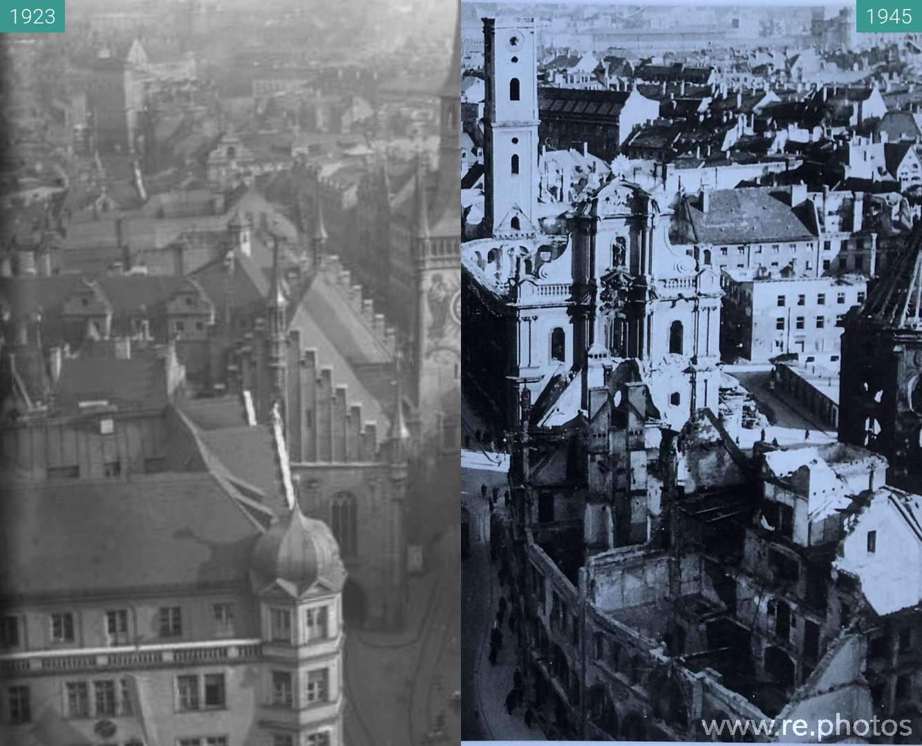 Before and After: Allierte Bombenschäden in München (1923 & 11/1945)