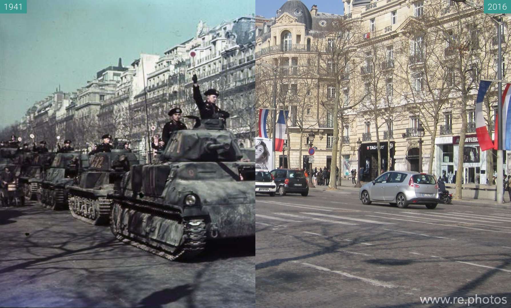Before and After: Champs-Elysées (Occupation of Paris) (1941 & 2016-Mar-13)