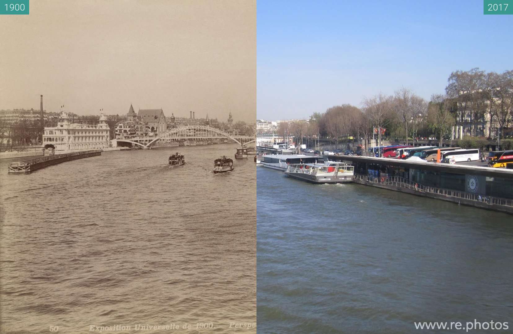 Before and After: View on Seine from Pont d'Iéna (1900 & 2017-Mar-25)