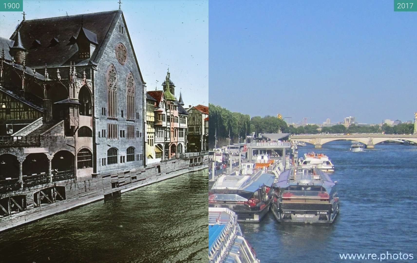 Before and After: View on Seine from Pont de l'Alma (1900 & 2017-Jun-18)